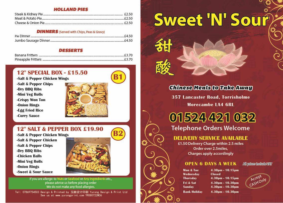 Menu at Sweet & Sour Chinese fast food, Morecambe