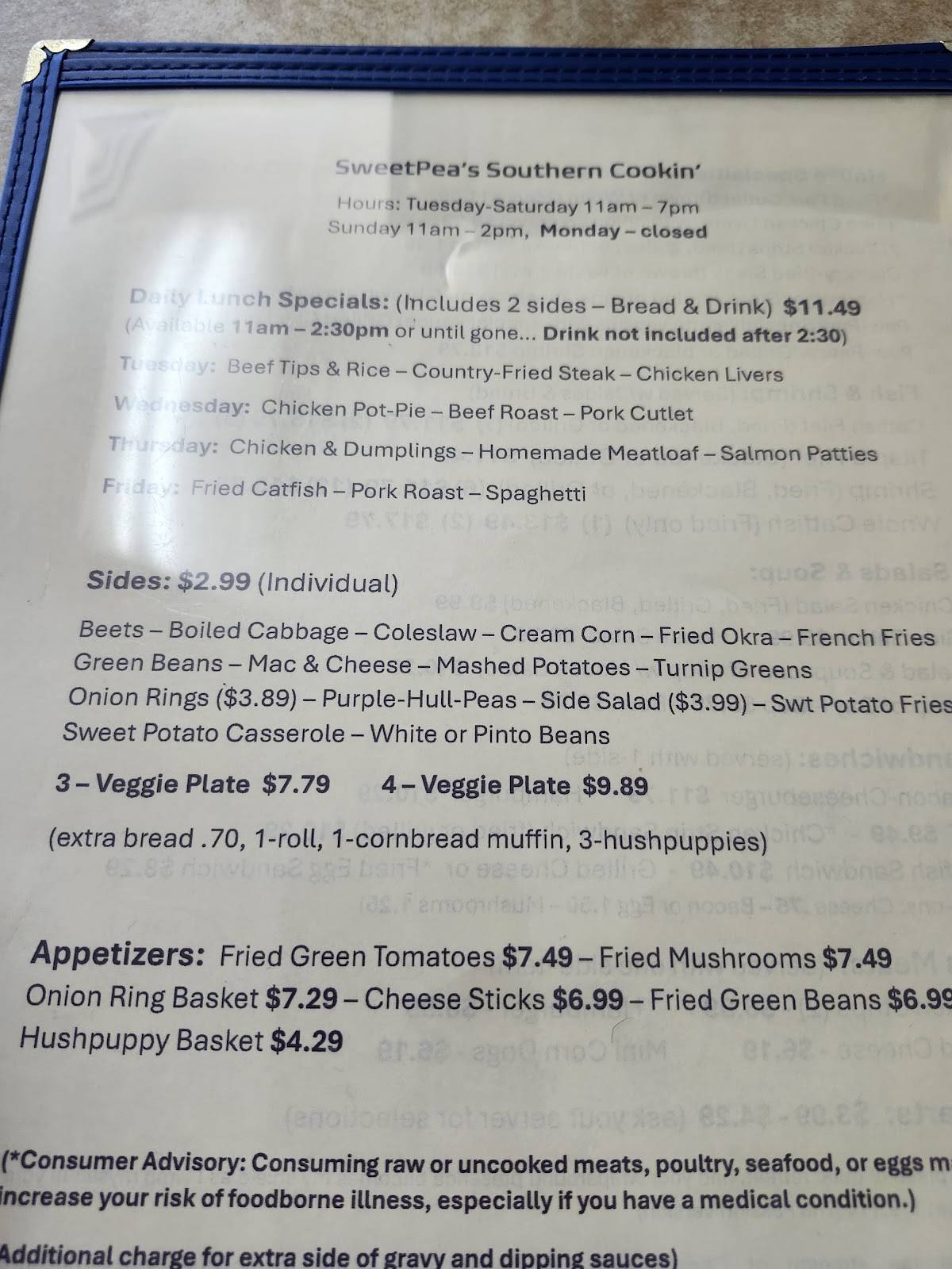 Menu at Sweetpea's Southern Cookin' restaurant, Bartlett