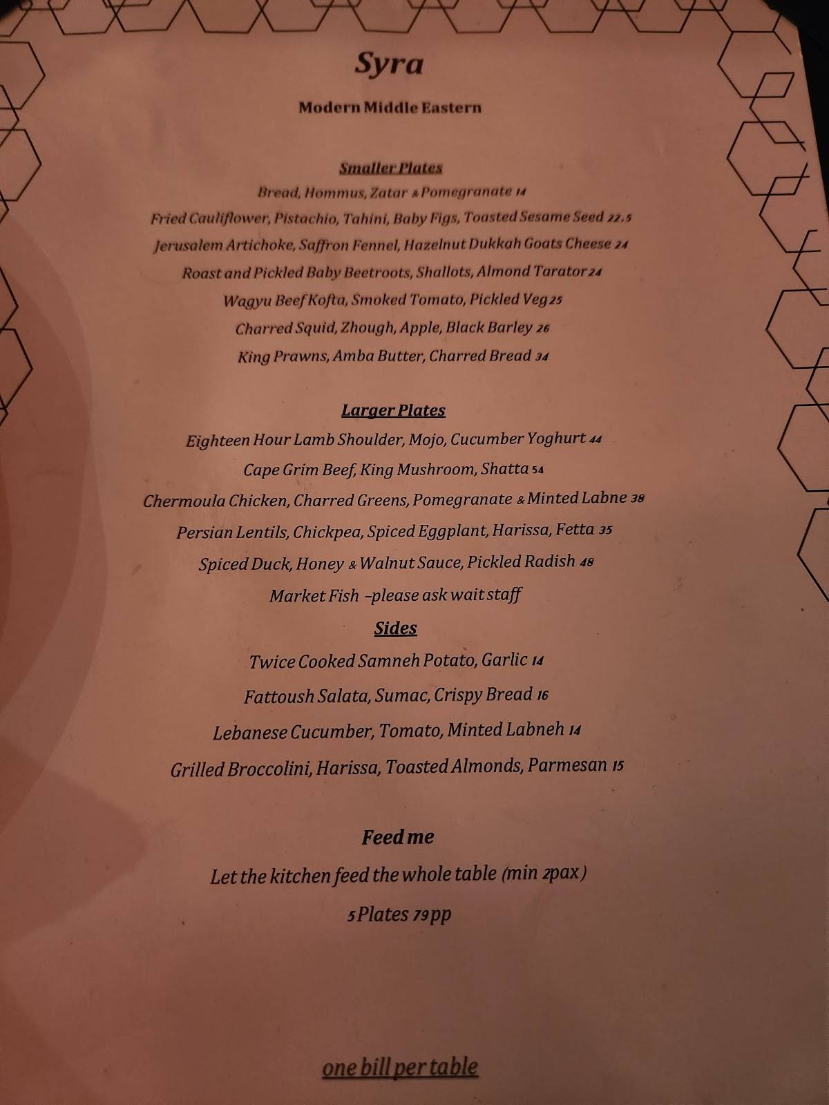Menu at Syra restaurant, Battery Point