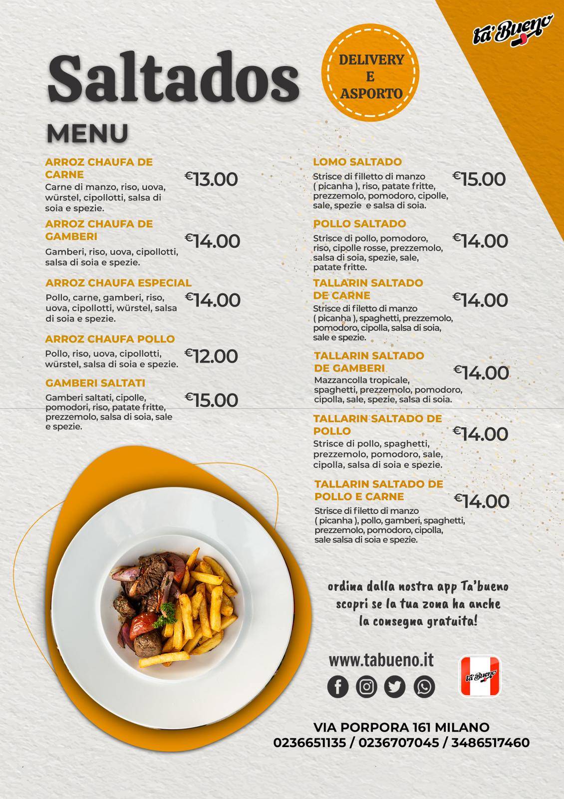 Carta del restaurante Ta’ Bueno Express fast-food peruviano, Milan