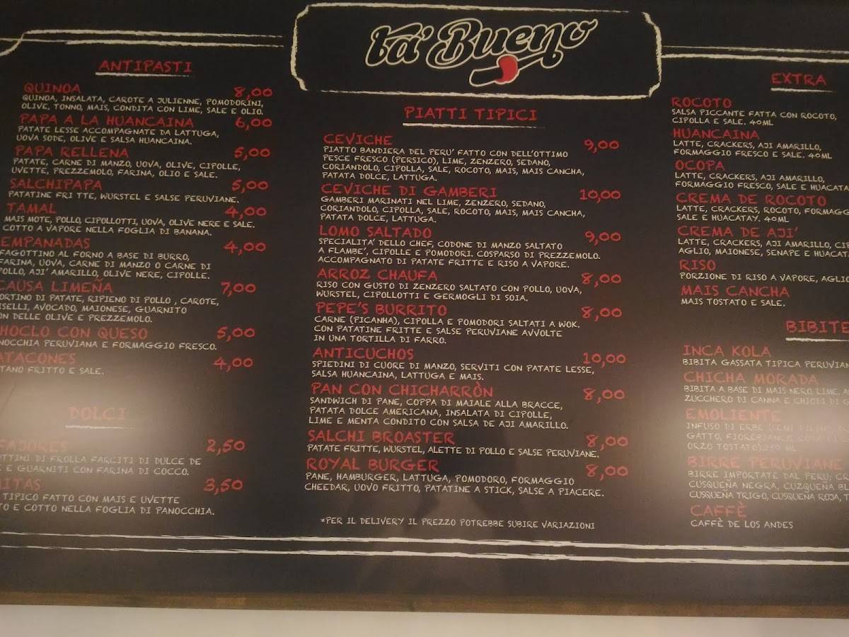 Menu da Ta’ Bueno Express fast-food peruviano ristorante, Milano