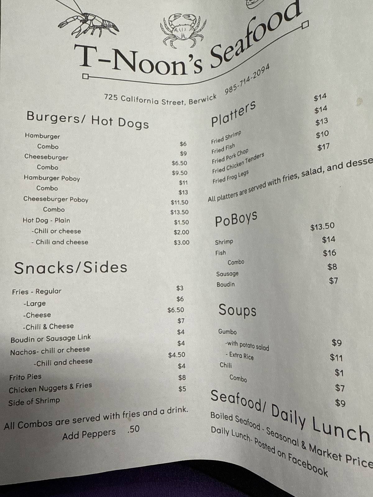 Menu at T Noon's Seafood restaurant, Berwick