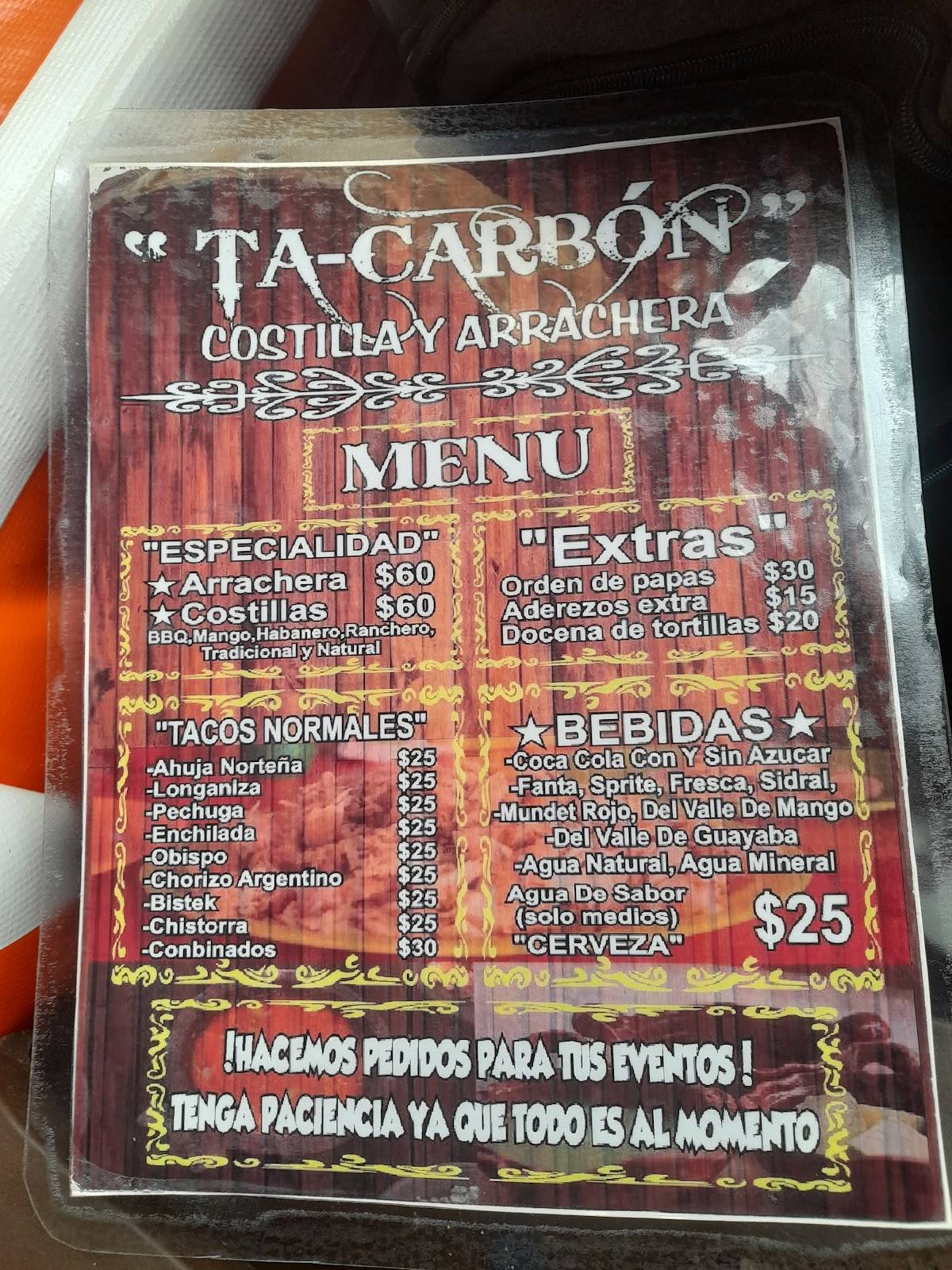 Menu at TA CARBÓN Tacos Premium restaurant, Chalco de Díaz Covarrubias