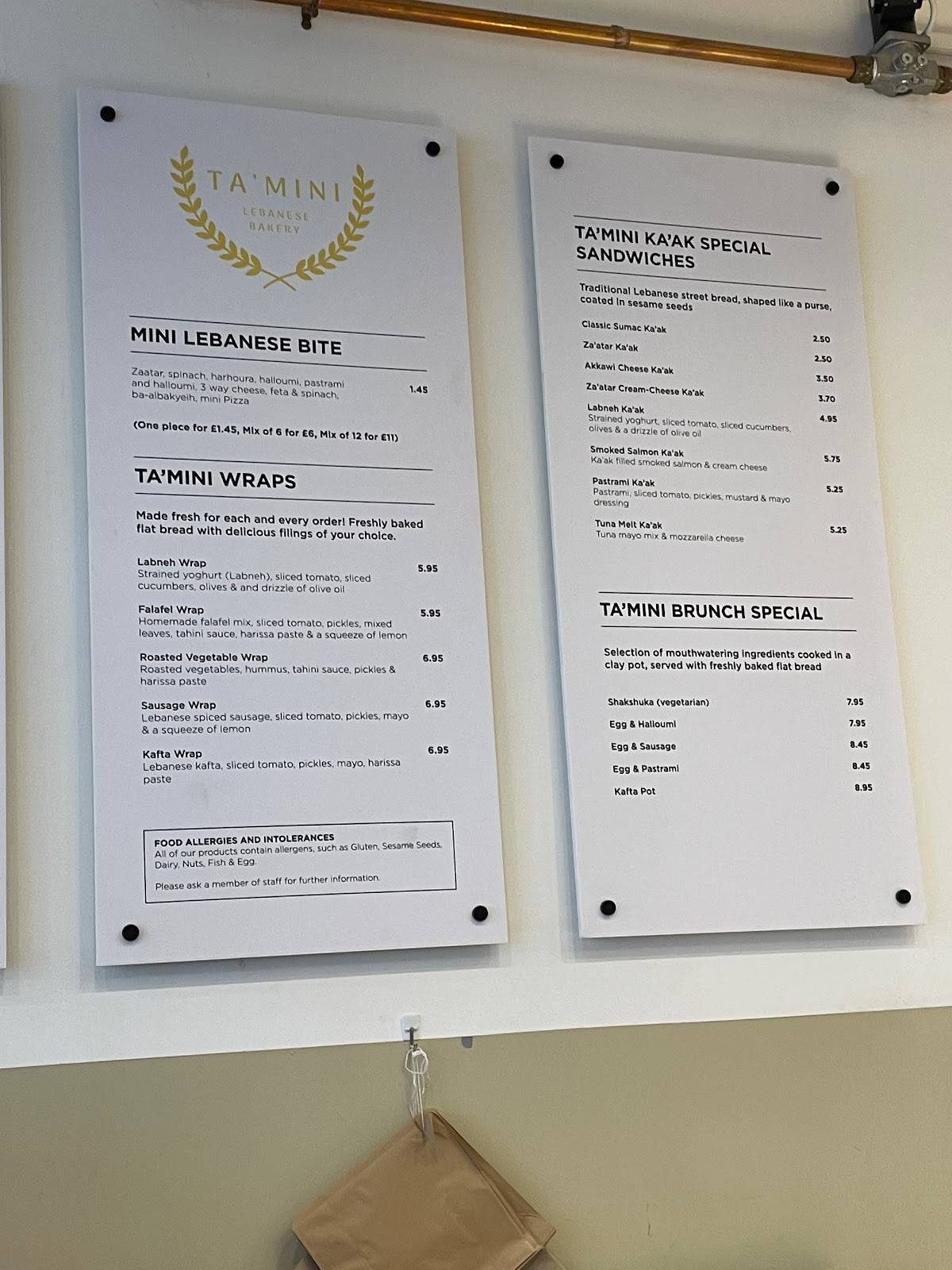 Carta de TA’MINI LEBANESE BAKERY, Londres, 801 Fulham Rd.