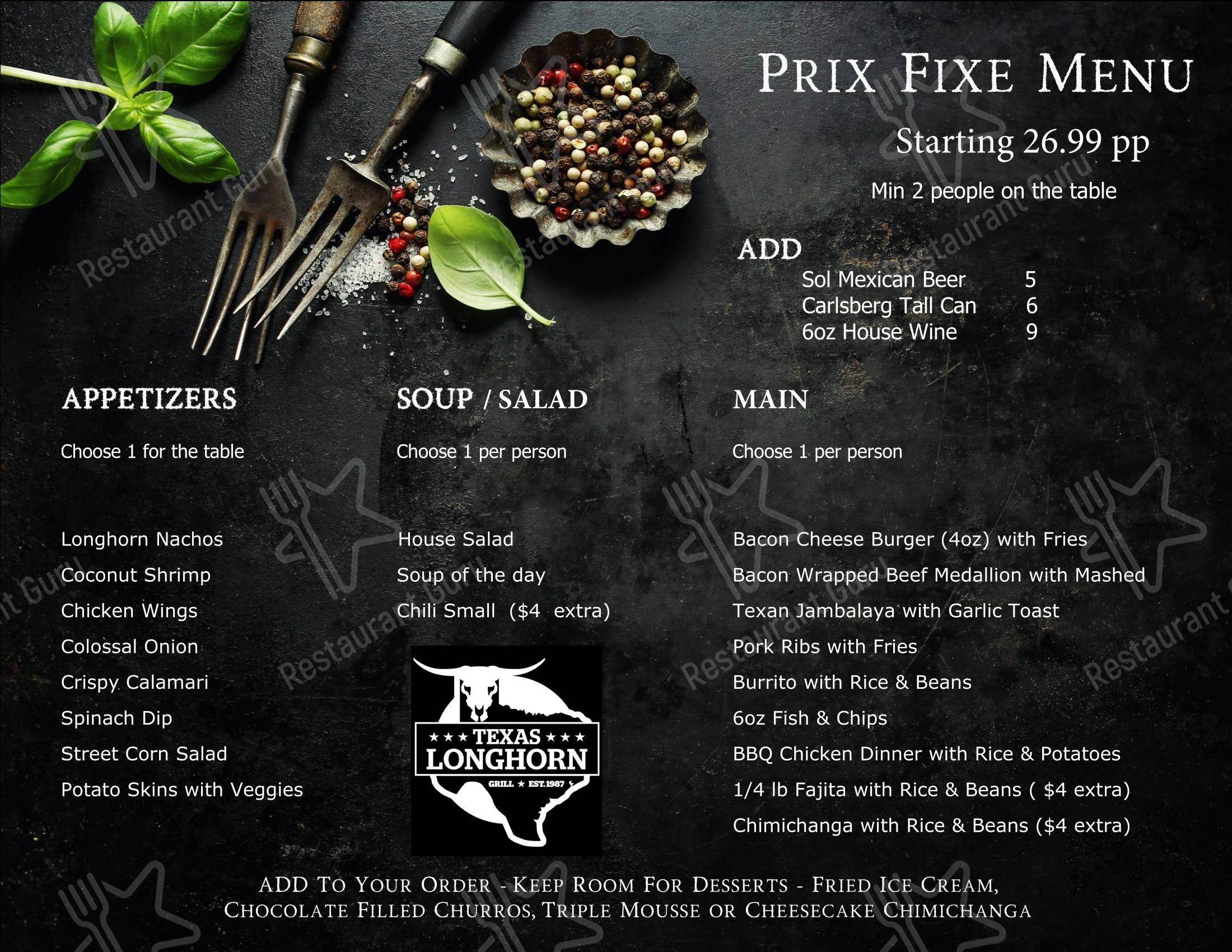 Menu au TEXAS LONGHORN pub et bar Mississauga N Service Rd