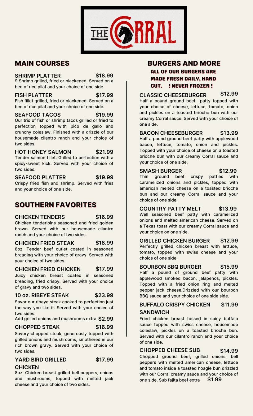 Menu at THE CORRAL restaurant, Willis