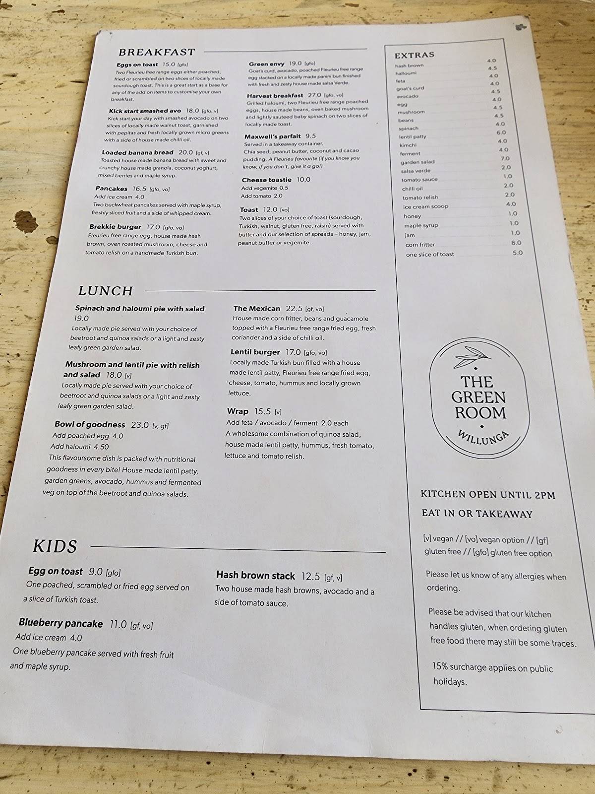 Menu at THE GREEN ROOM Willunga cafe, Willunga