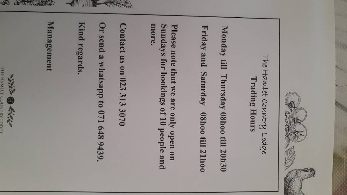 Menu at THE HAMLET Country Lodge Restaurant, Prince Alfred Hamlet