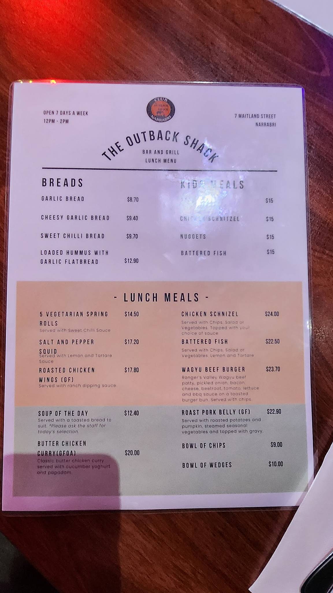 Menu at THE Outback Shack Bar & Grill, Narrabri