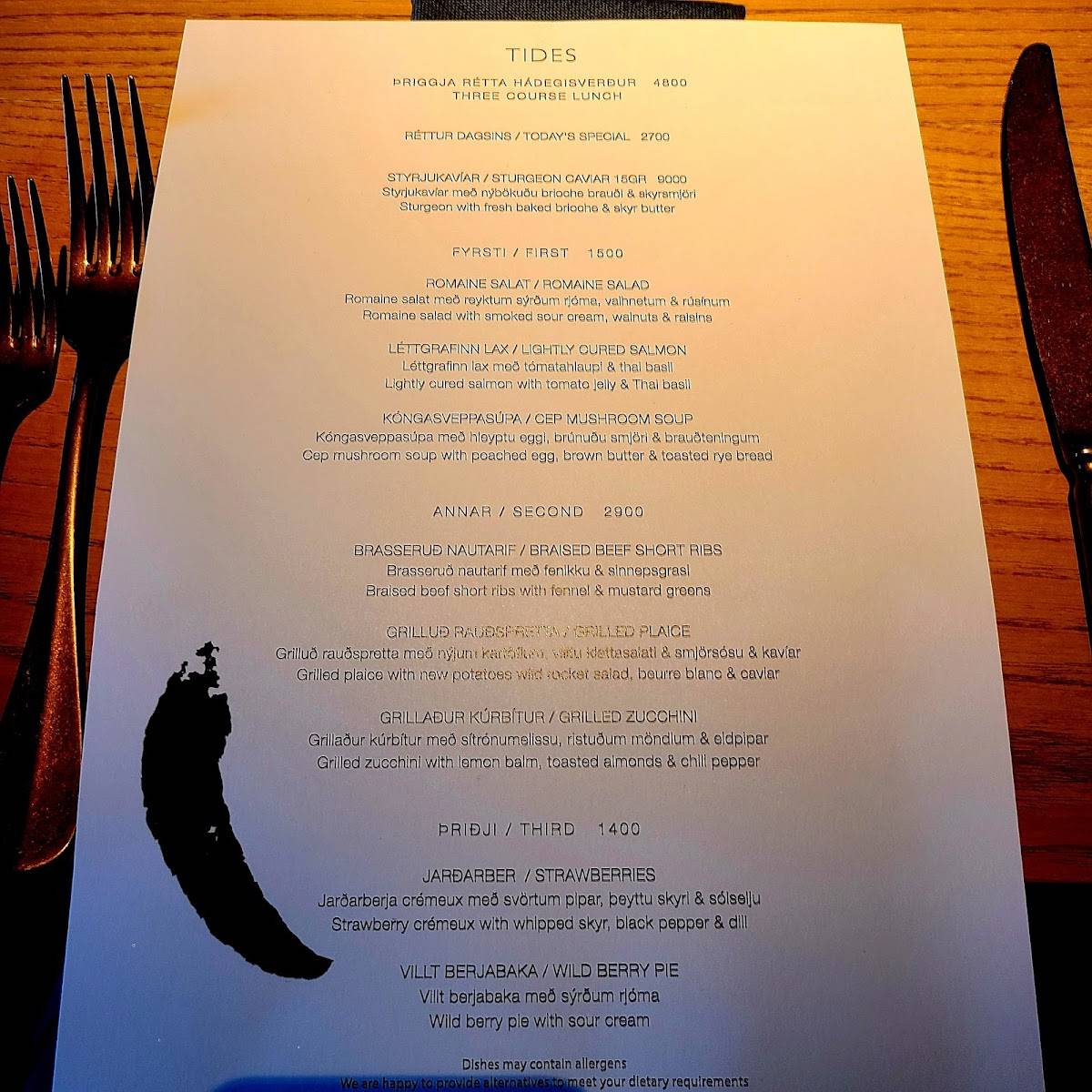 Speisekarte von TIDES Restaurant, Reykjavík