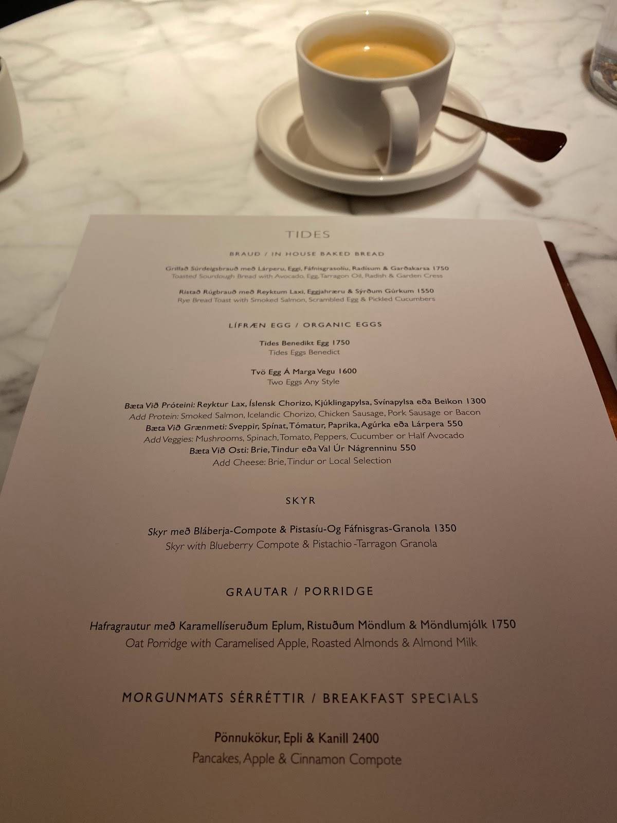Speisekarte von TIDES Restaurant, Reykjavík