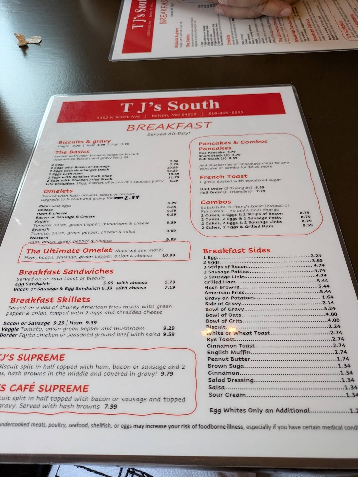 Menu at TJ’s Cafe South, Belton
