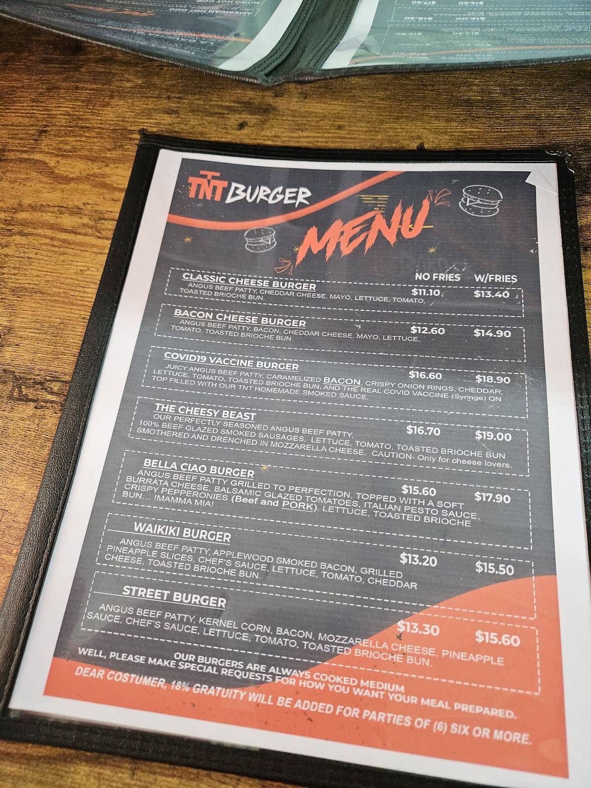 Menu at TNT BURGER restaurant, Tampa, N Dale Mabry Hwy