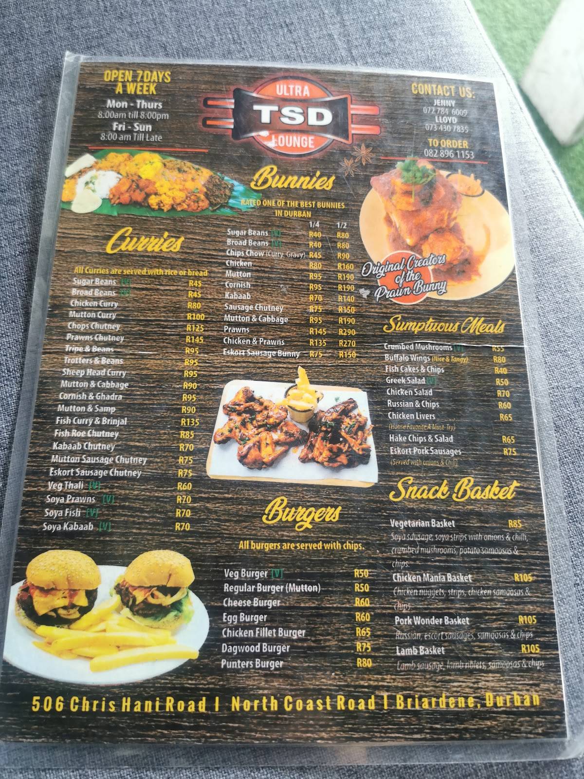 Menu at TSD Ultra LOUNGE restaurant, Durban North