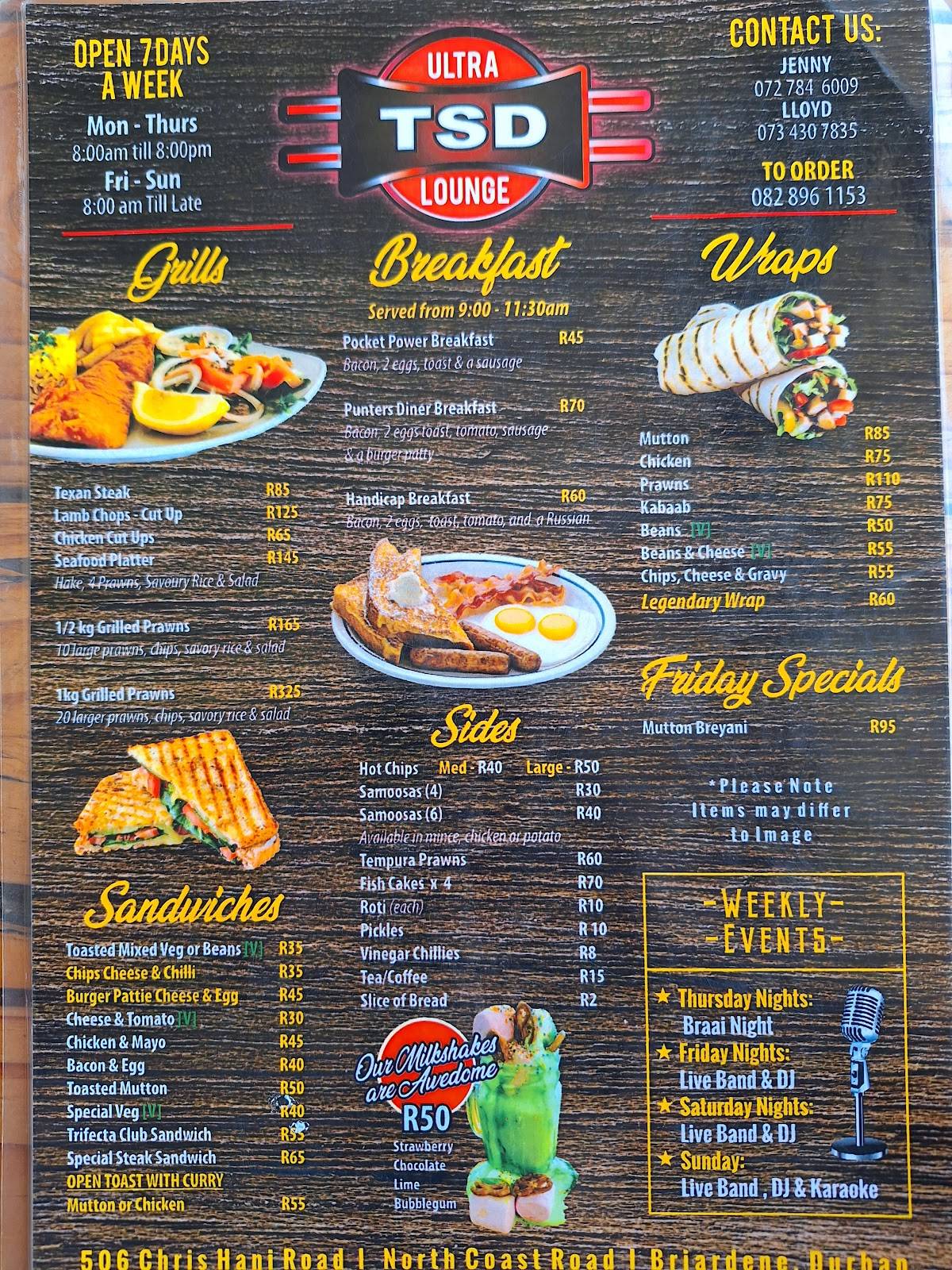 Menu at TSD Ultra LOUNGE restaurant, Durban North