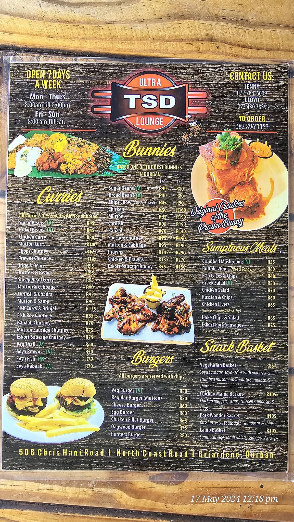 Menu at TSD Ultra LOUNGE restaurant, Durban North