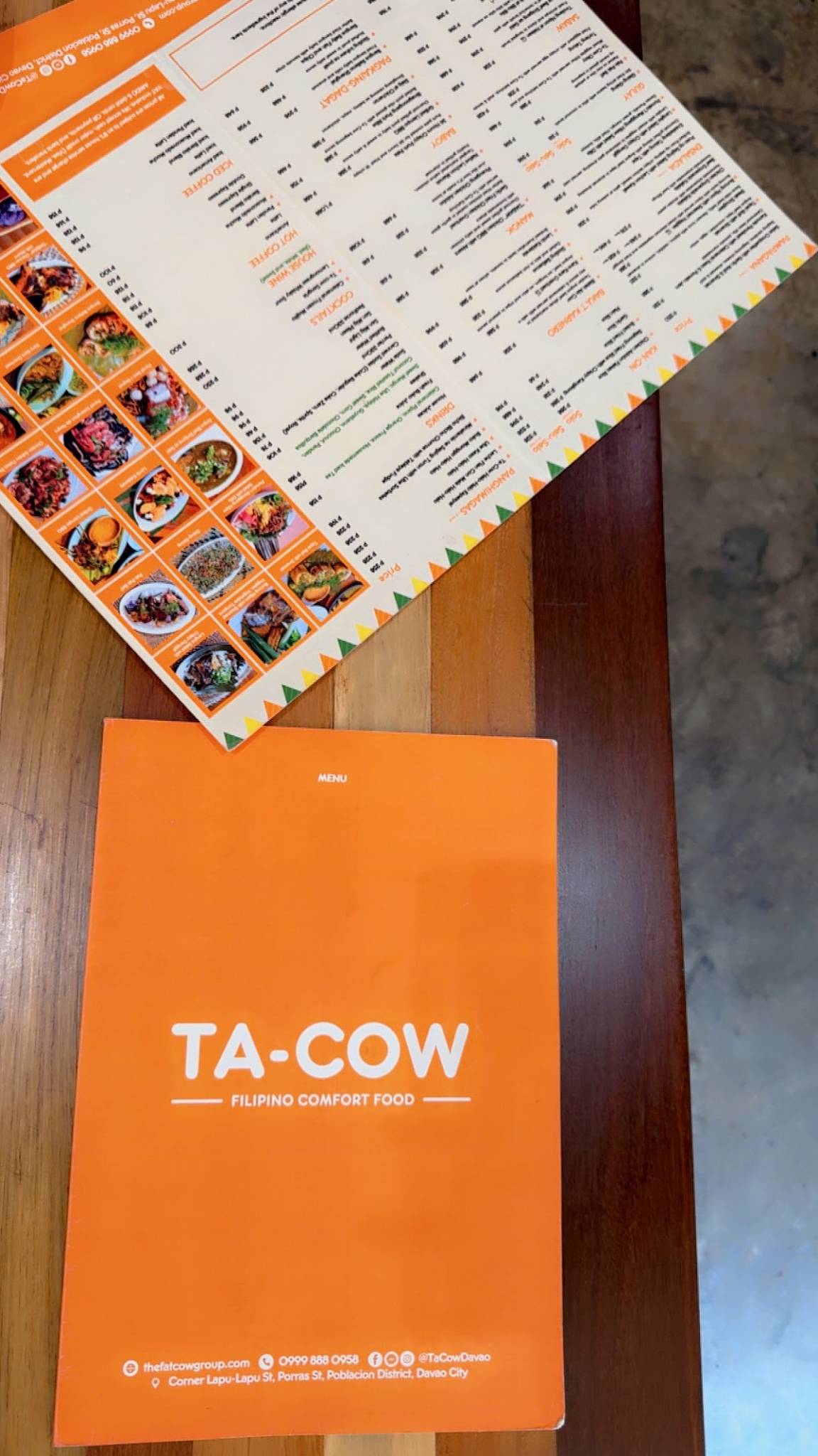 Menu at Ta-Cow Davao restaurant, Davao City