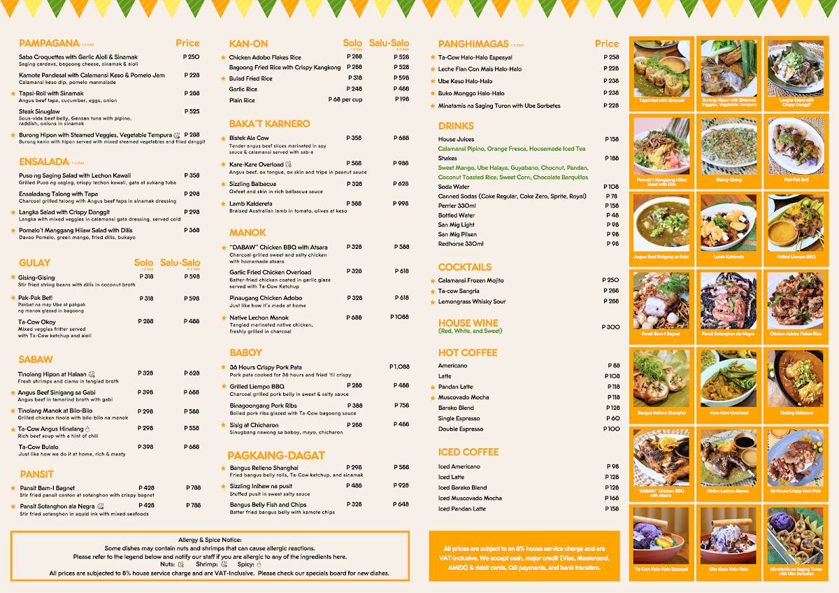 Menu at Ta-Cow Davao restaurant, Davao City