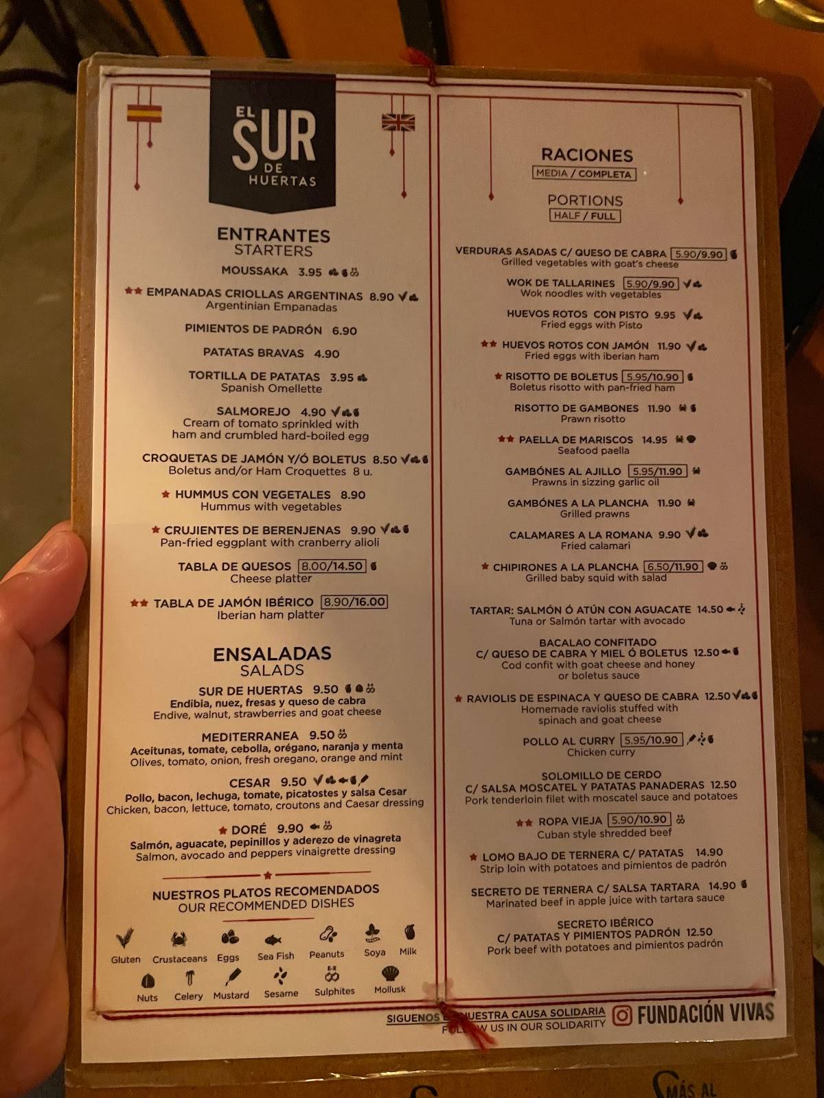 Menu at Taberna el Sur de Huertas restaurant, Madrid
