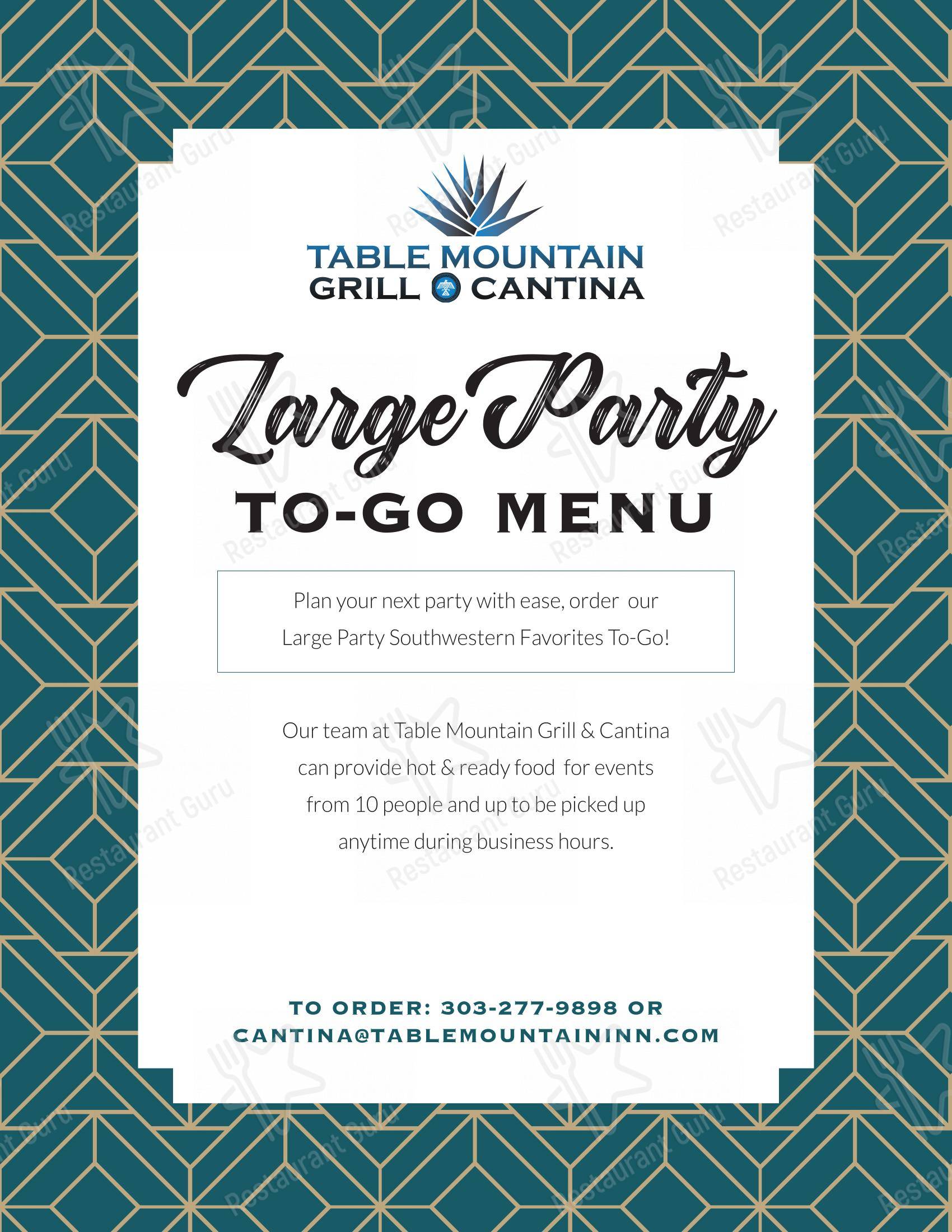 Menu at Table Mountain Grill & Cantina restaurant, Golden