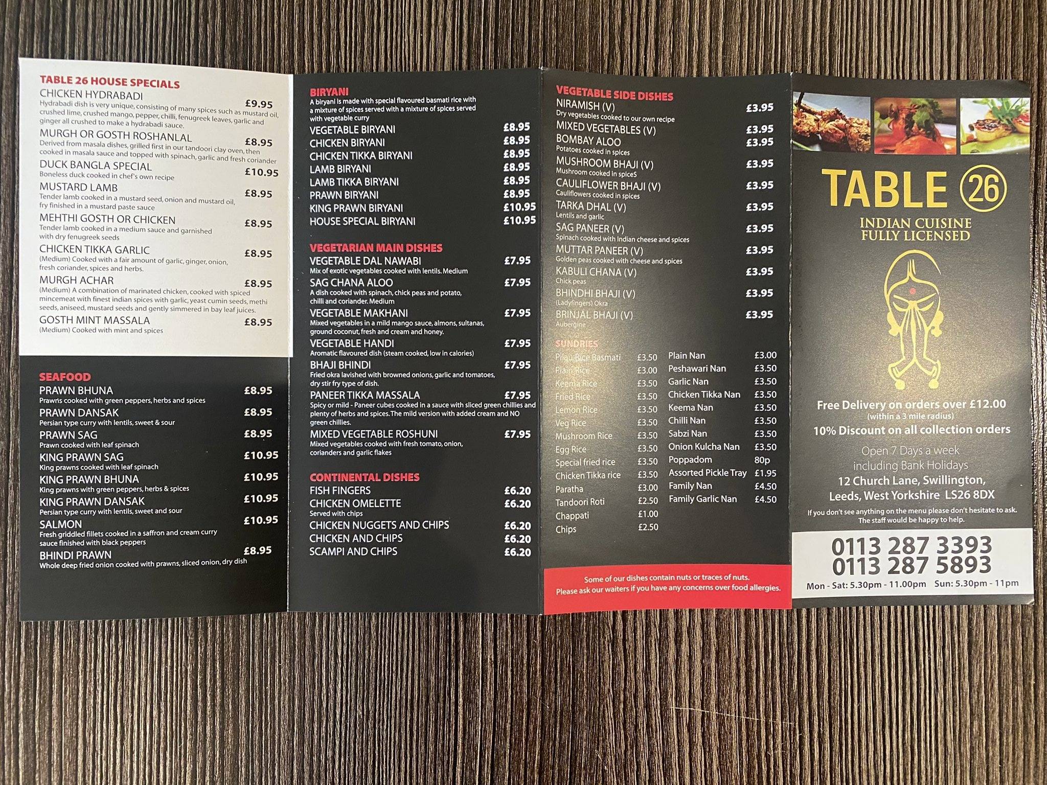 Menu at Table 26 restaurant, Leeds