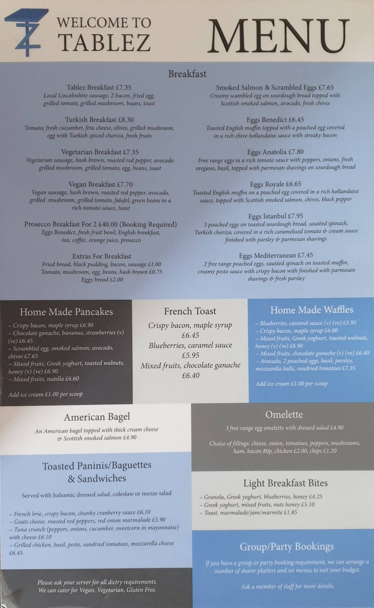 Menu at Tablez Cafe Bistro, Sleaford