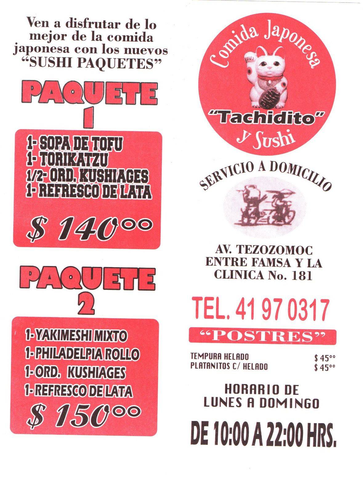 Carta del restaurante Tachidito, Valle del Chalco Solidaridad