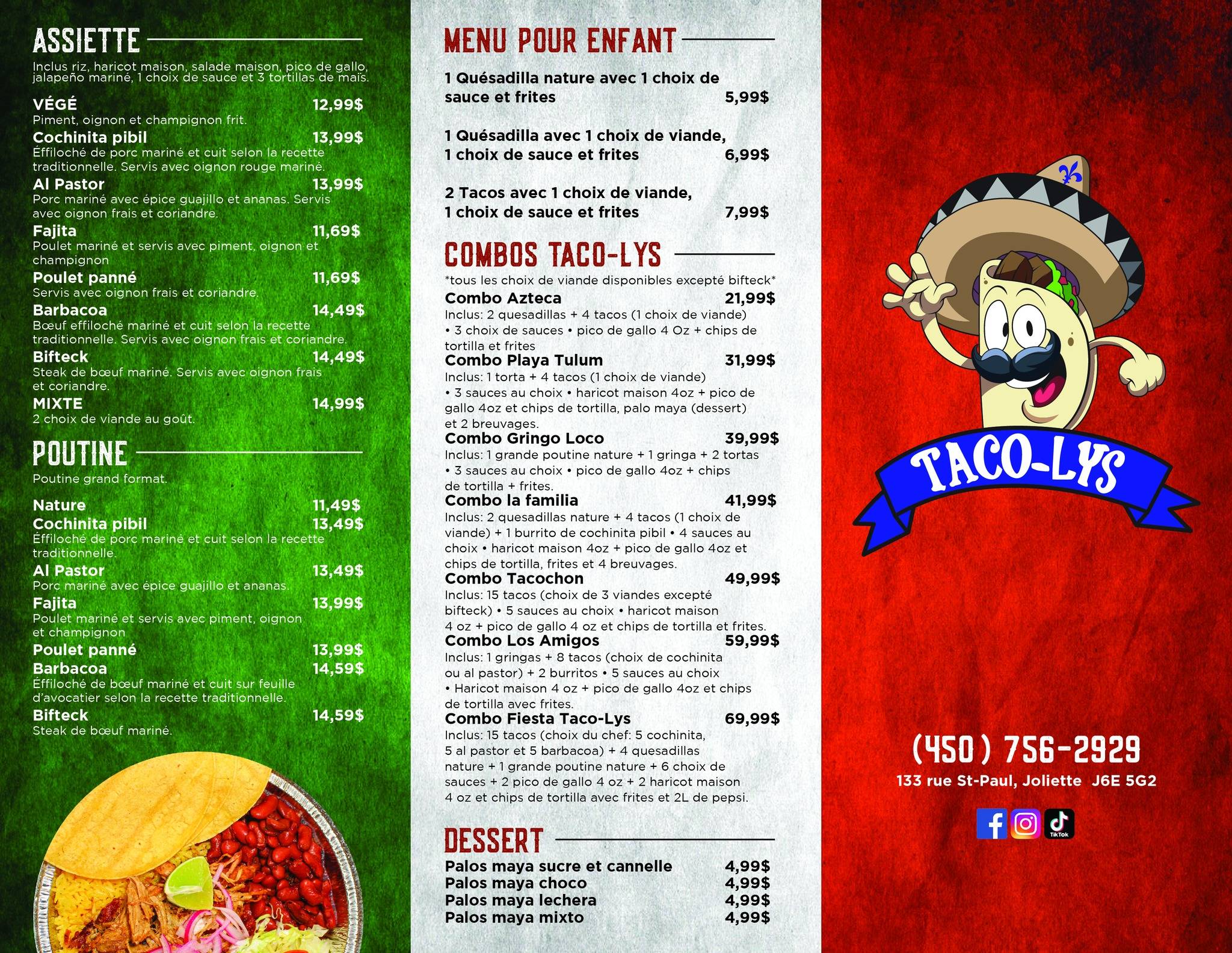 Menu au Taco-Lys restaurant, Joliette