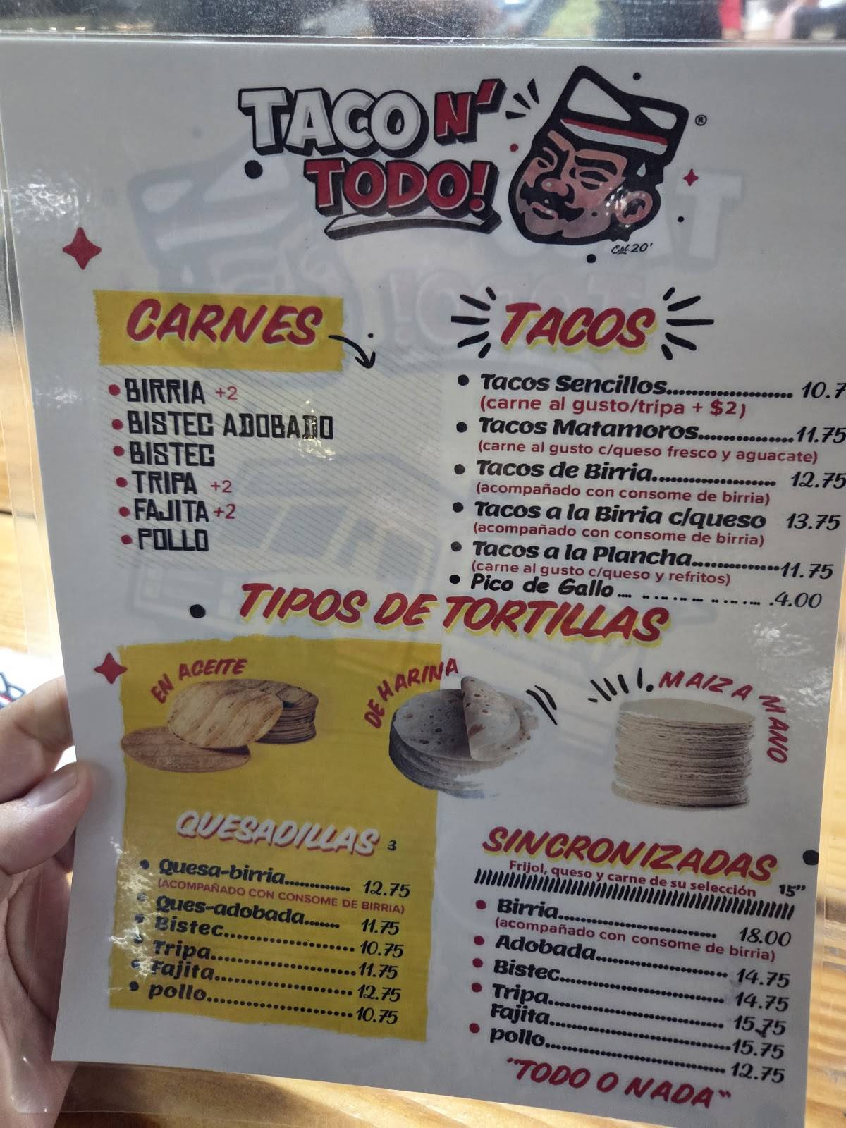 Menu at Taco N' Todo restaurant, McAllen