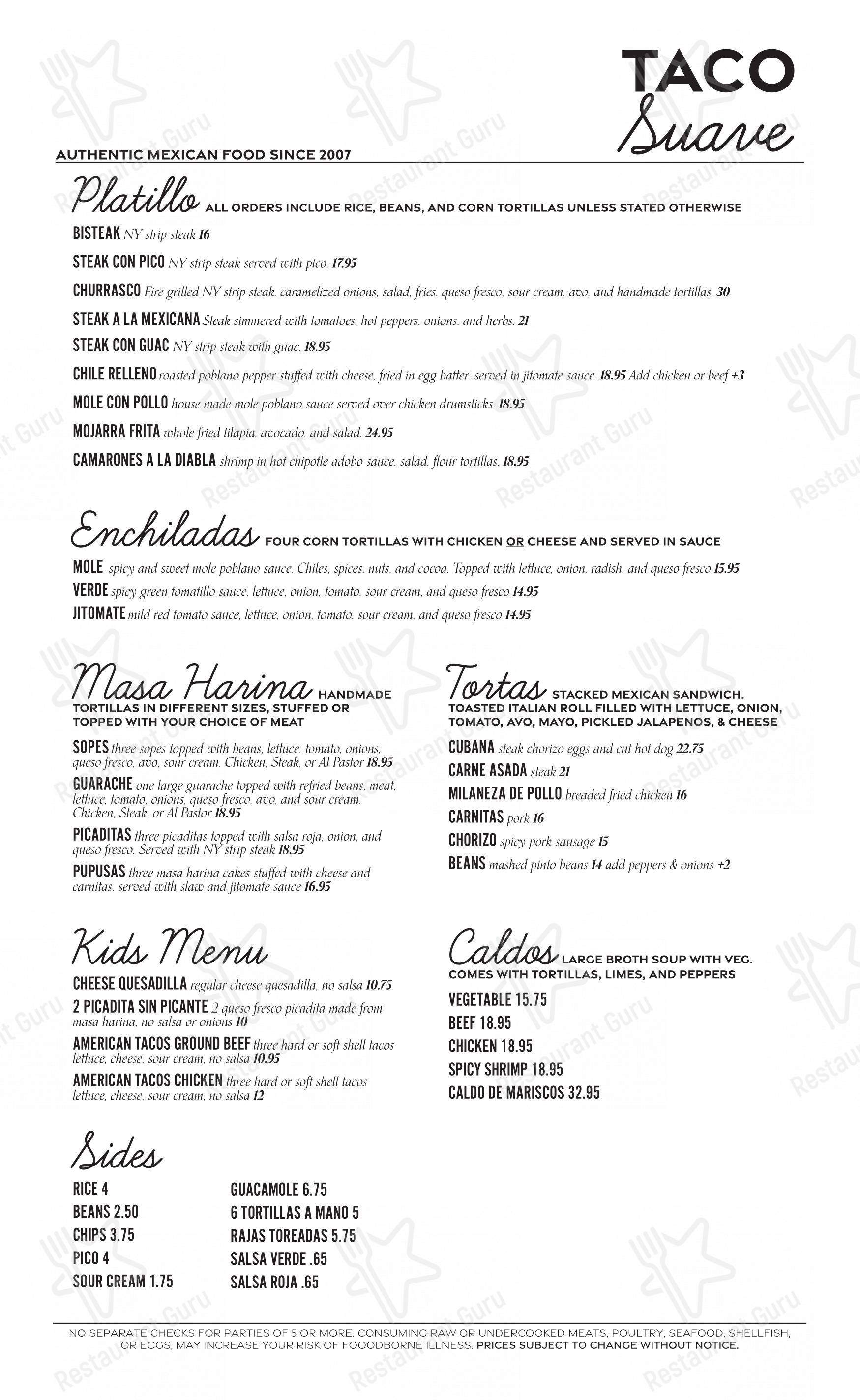 Menu at Taco Suave restaurant, Warminster, 200 Street Rd