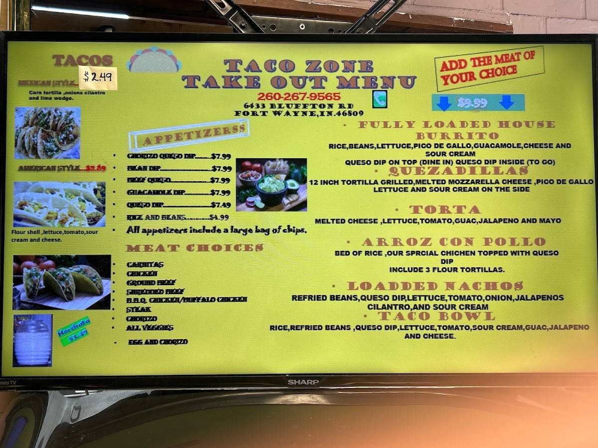 Menu at Taco Zone restaurant, Fort Wayne
