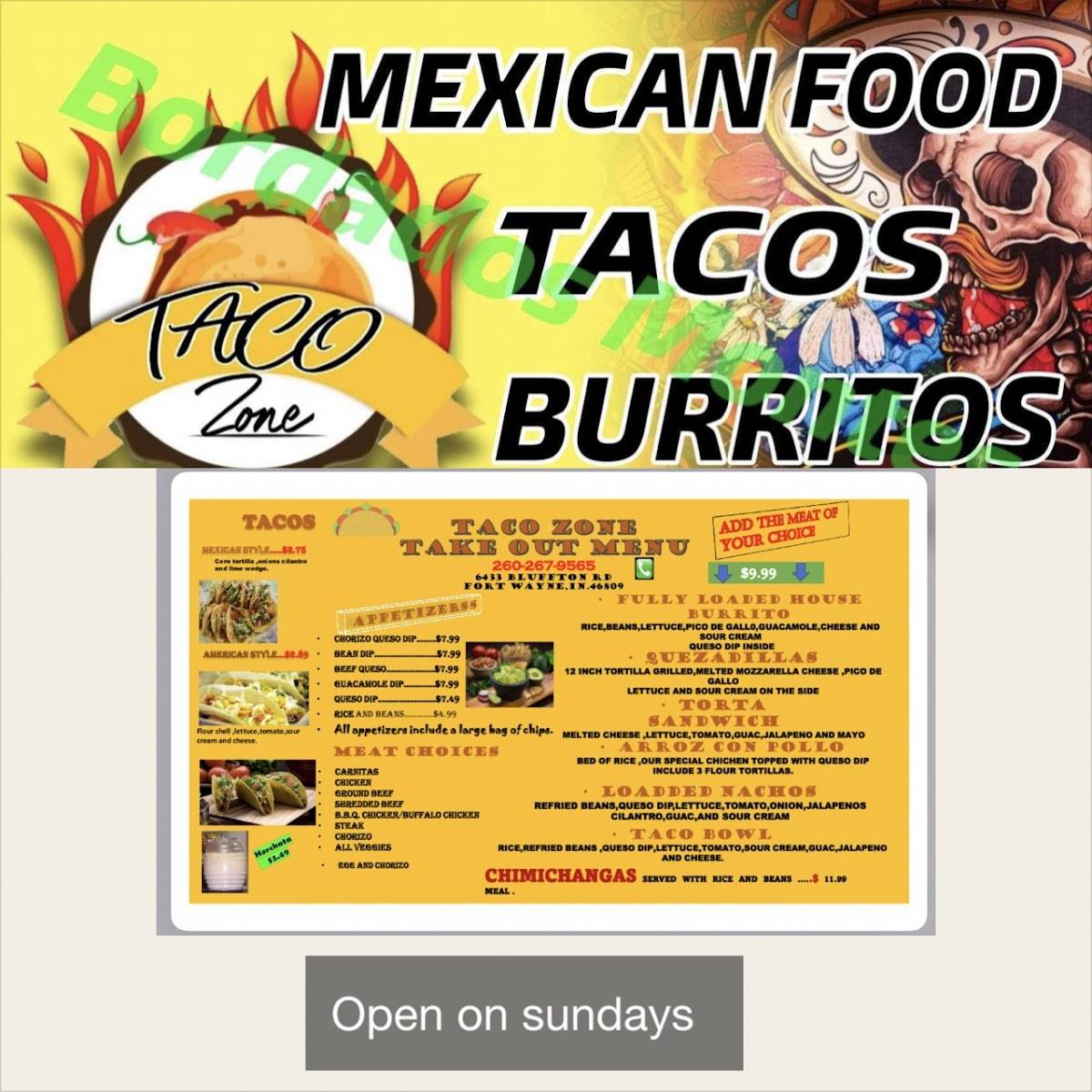 Menu at Taco Zone restaurant, Fort Wayne