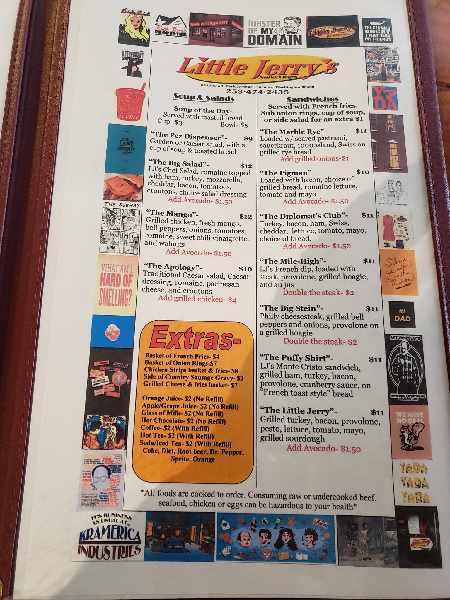 Menu at Little Jerry's restaurant, Tacoma, Park Ave. S