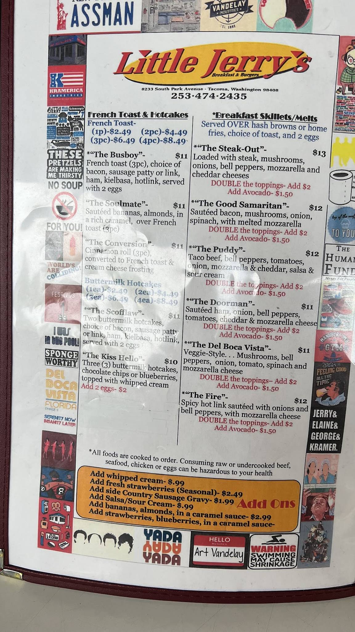 Menu at Little Jerry's restaurant, Tacoma, Park Ave. S