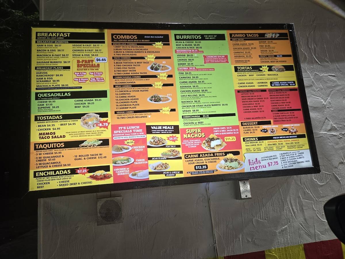 Menu at Memo's Mexican Restaurant, Tacoma