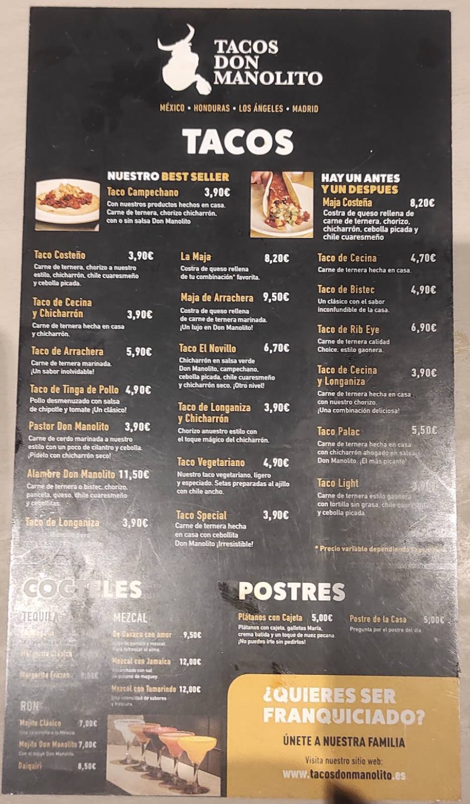 Carta del restaurante Tacos Don Manolito, Madrid, C/ del Ponzano