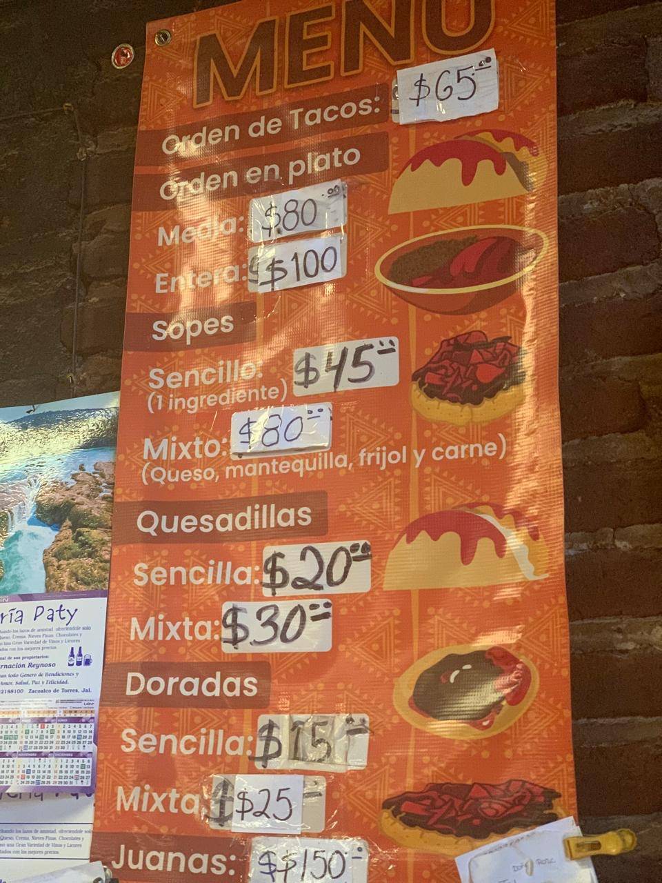 Carta del restaurante Tacos Doña Rosa Montes, Zacoalco del Torres