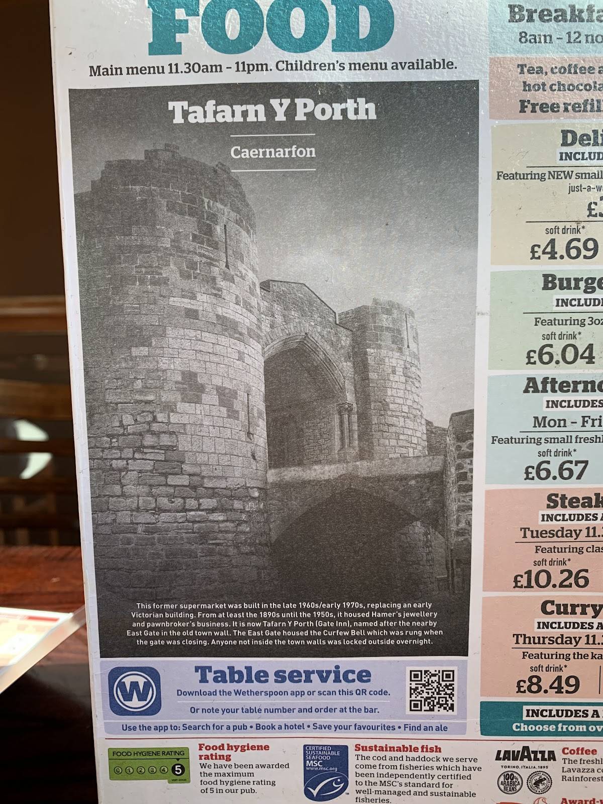 Menu at Tafarn Y Porth - JD Wetherspoon pub & bar, Caernarfon