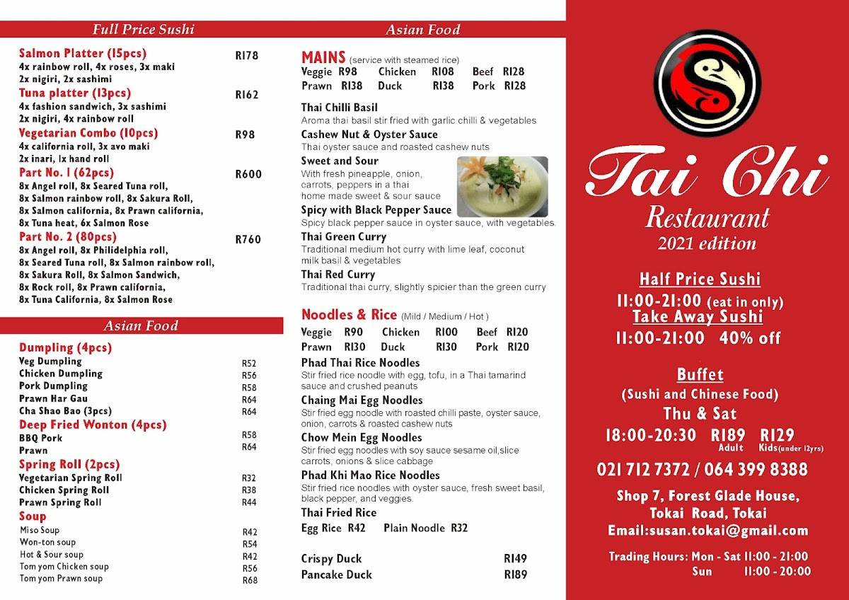 Menu at Tai Chi Restaurant, Tokai, Cape Town, Tai Chi Restaurant