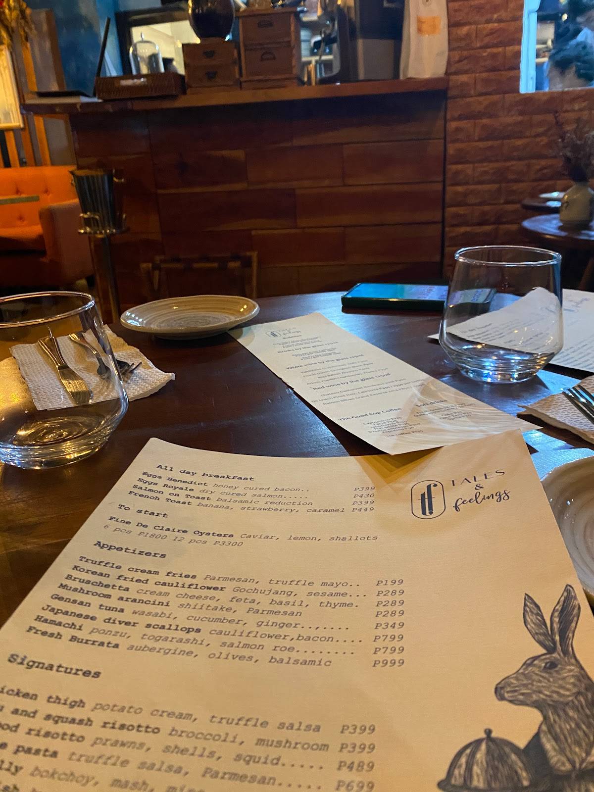 Menu at Tales and Feelings restaurant, Cebu City