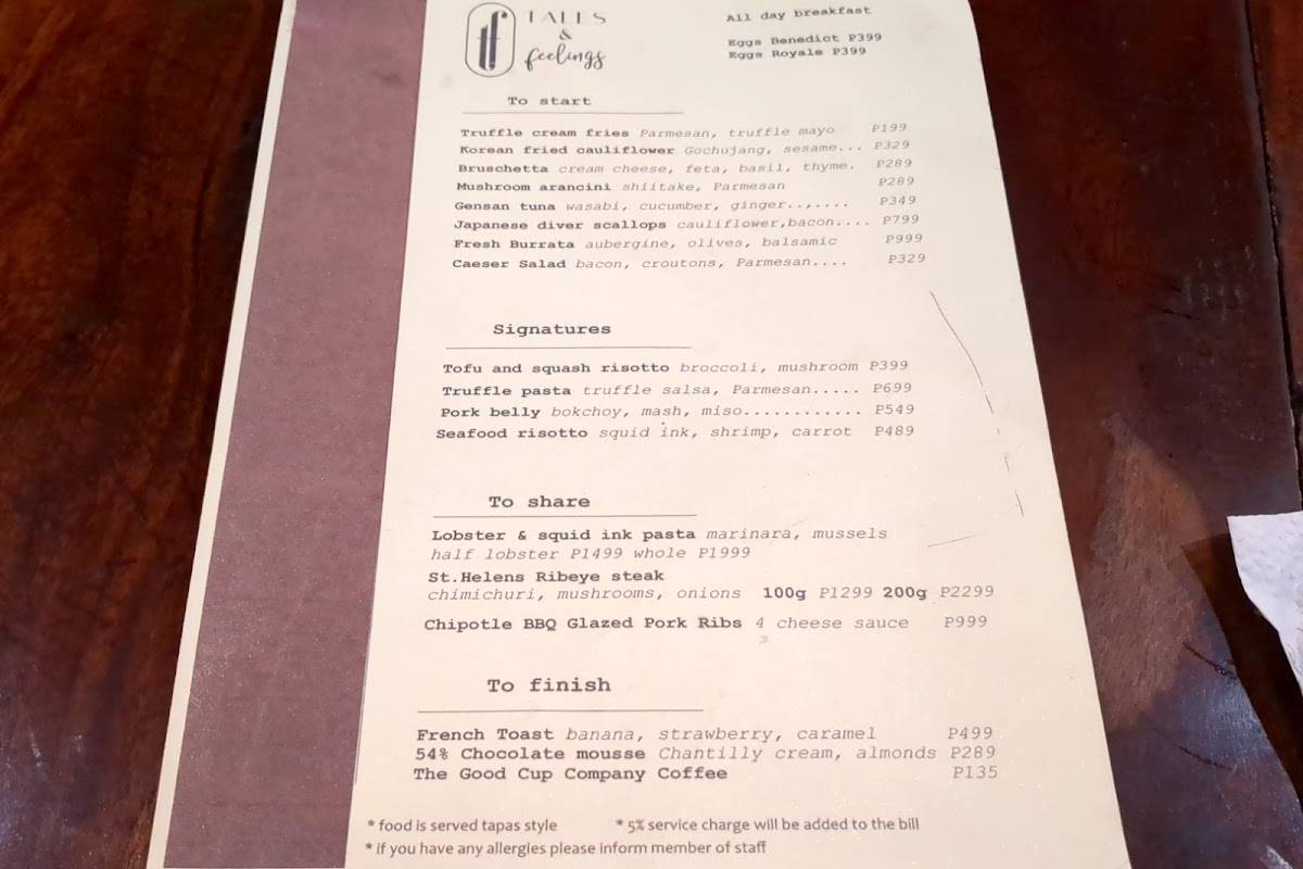Menu at Tales and Feelings restaurant, Cebu City