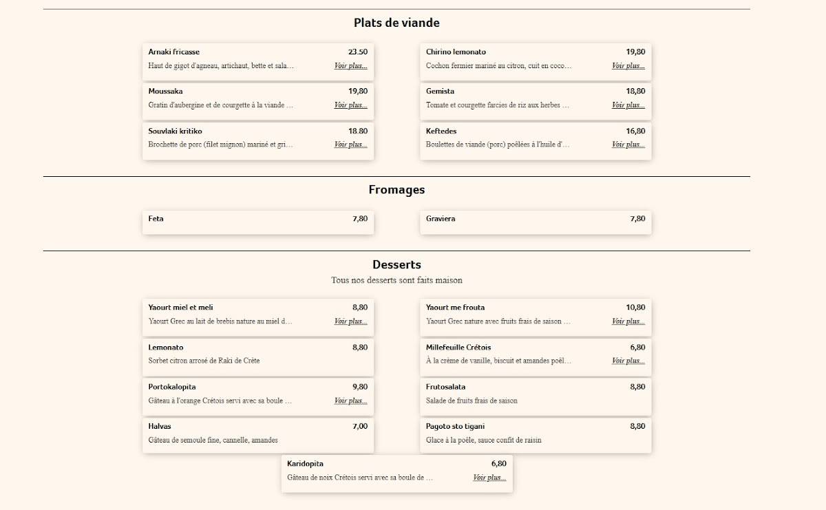 Carta del restaurante Talos, Paris