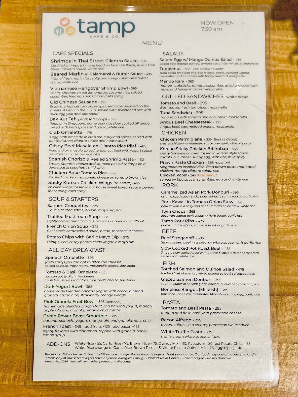 Menu at Tamp Cafe & Co. Paseo Banawa, Cebu City, R. Arcenas St
