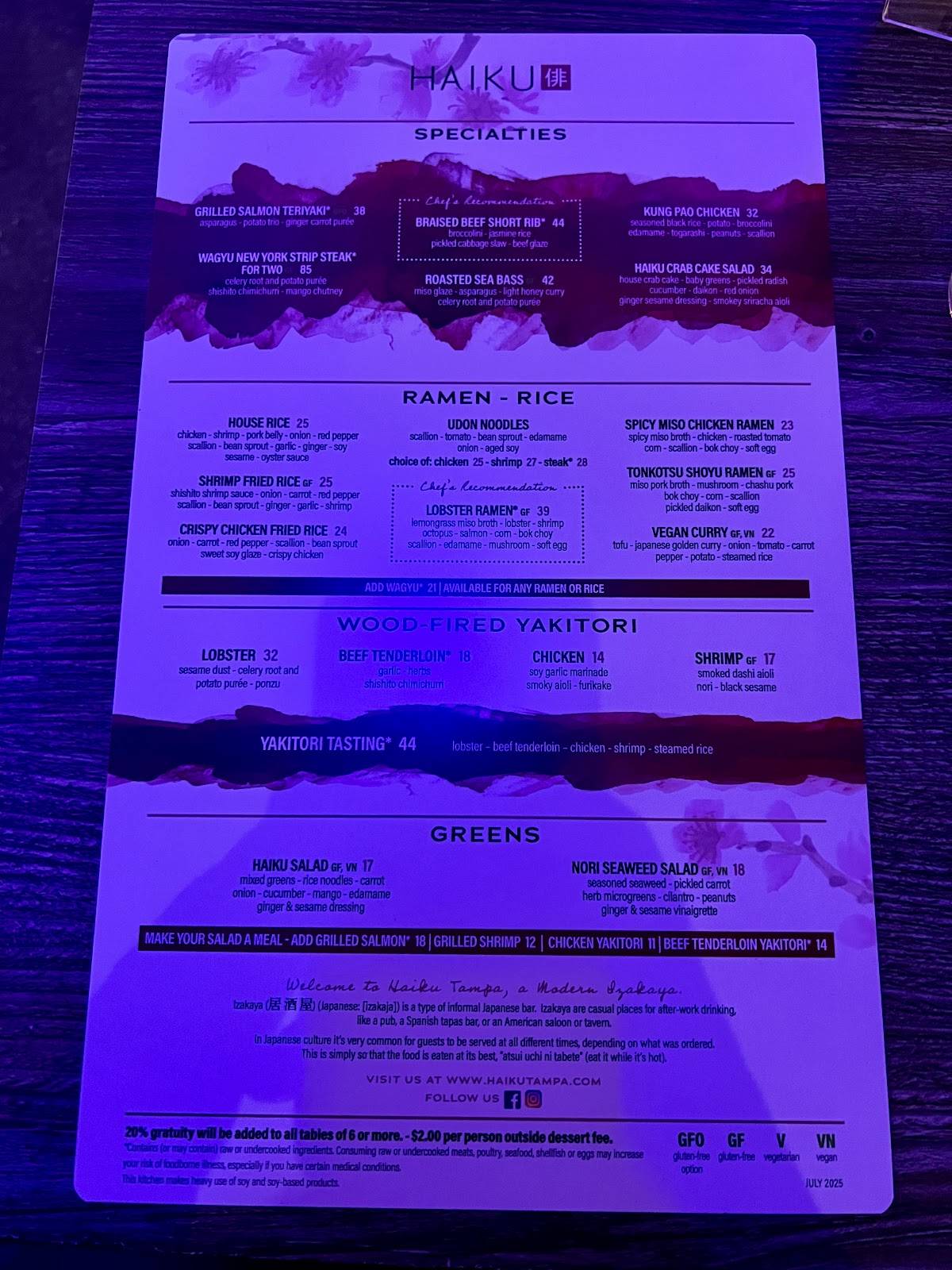Carta del pub y bar Haiku Tampa, Tampa