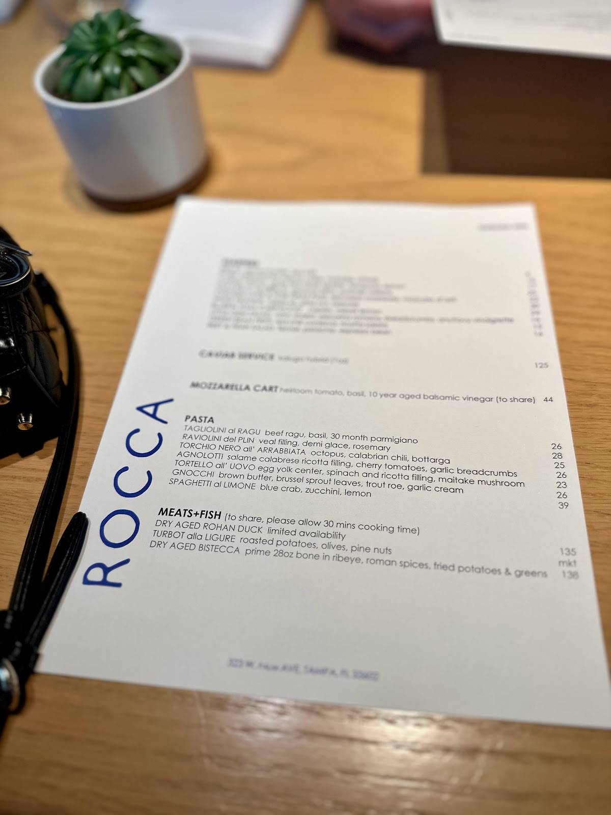 Menu at Rocca restaurant, Tampa