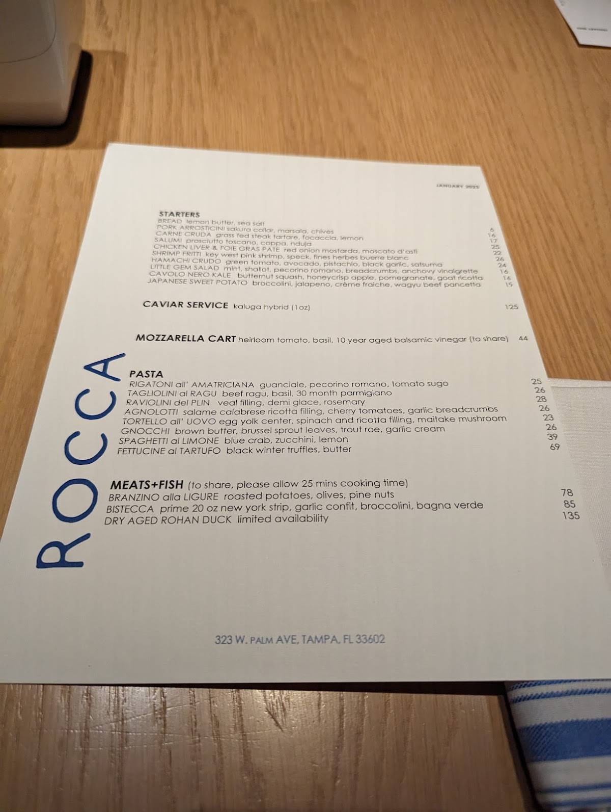 Menu at Rocca restaurant, Tampa