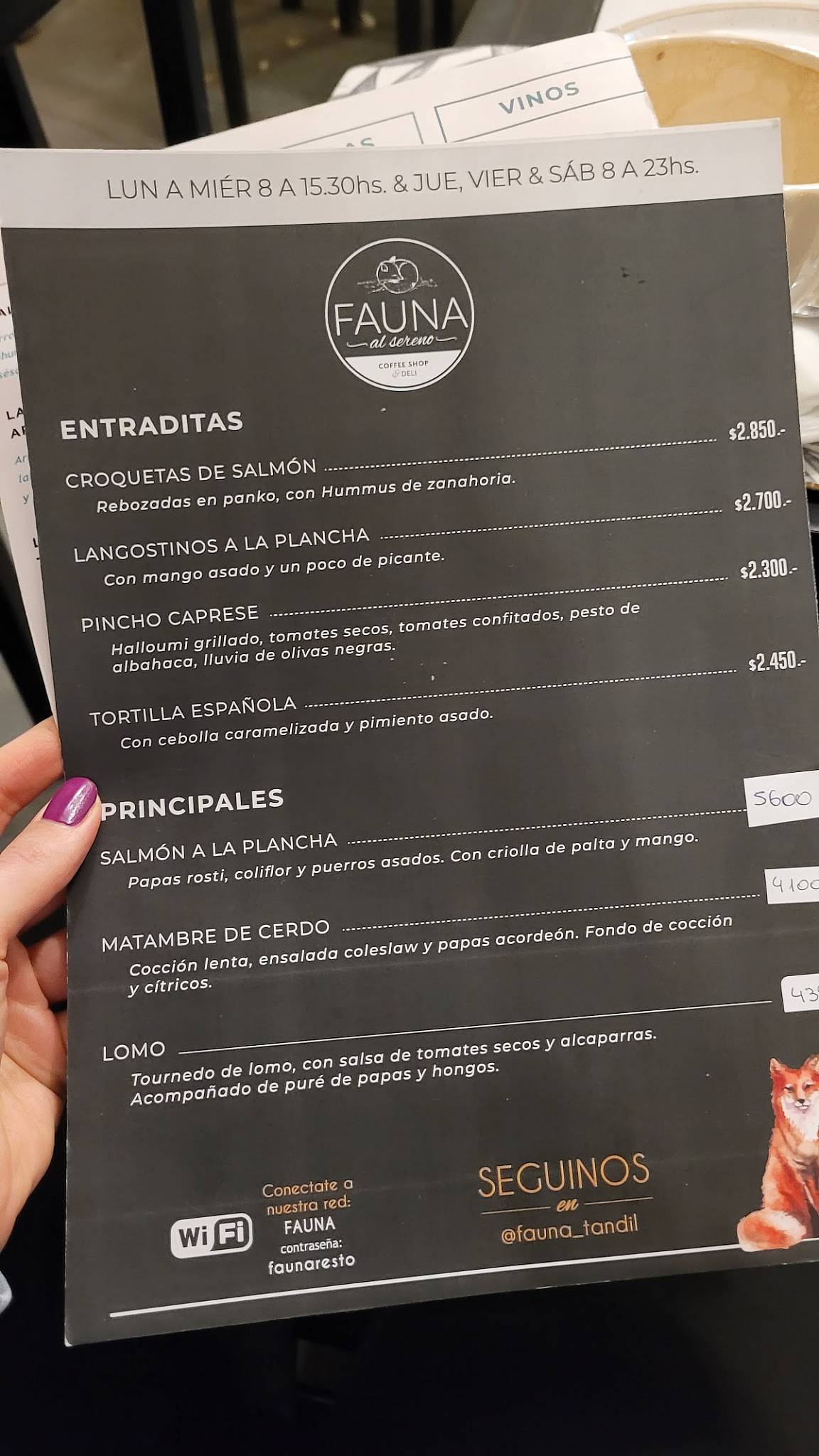 Carta del restaurante Fauna al sereno, Tandil