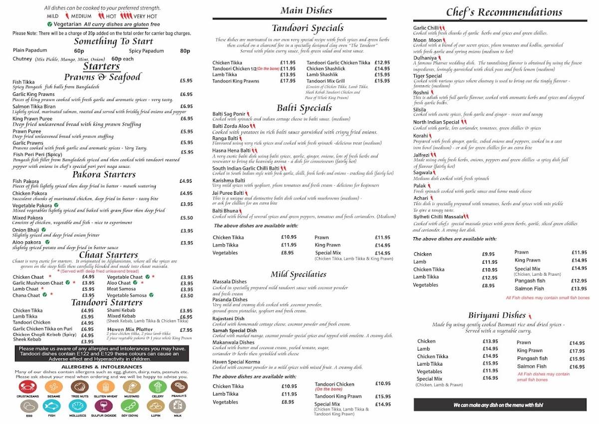Menu at Tandoori Haven restaurant, Stonehaven