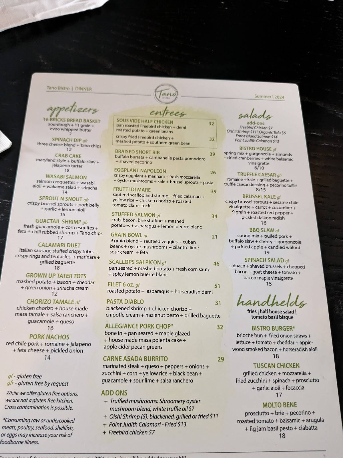 Menu at Tano Bistro Hamilton pub & bar, Hamilton