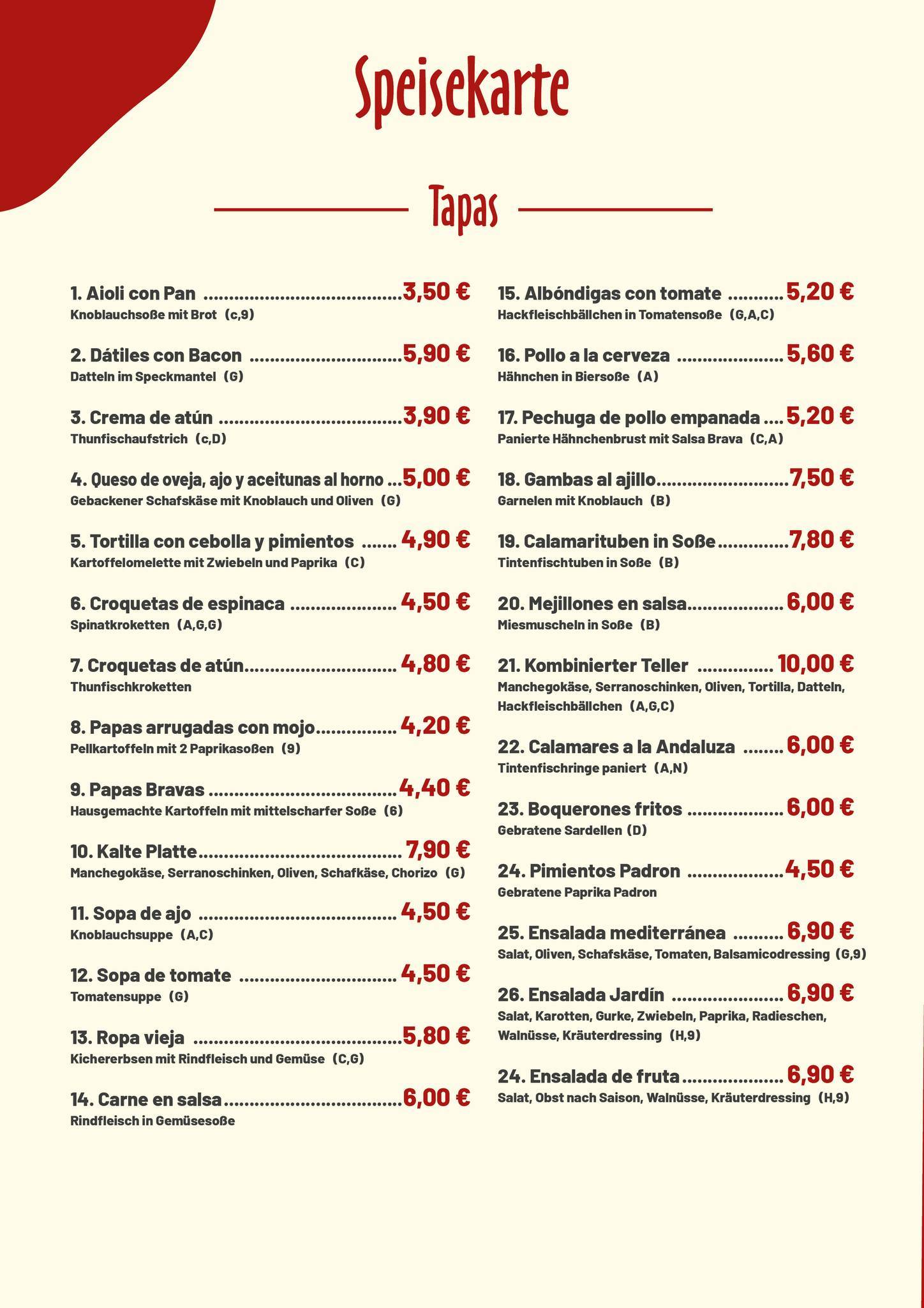 Carta de Tapas Bar zur Krone, Fürth